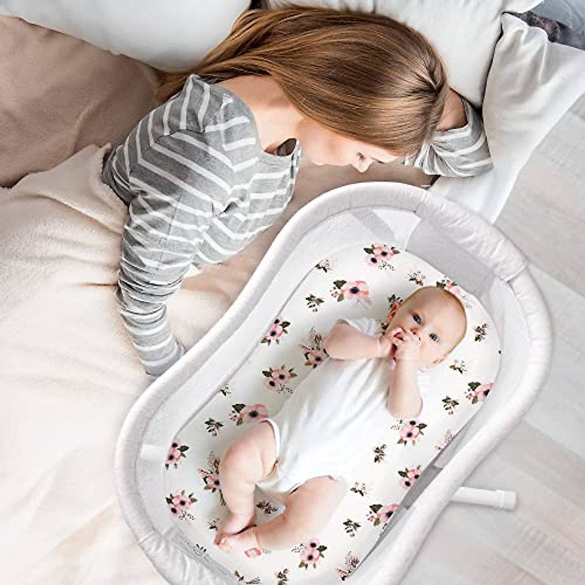 TILLYOU Cotton Fitted Bassinet Sheets for Baby Boy Girl, Fit for Halo Bassinet Swivel Sleeper, Adapt to Hourglass Bassinet Mattress Sheet, 31.5'' x 18'', 2 Pack Floral & Pink