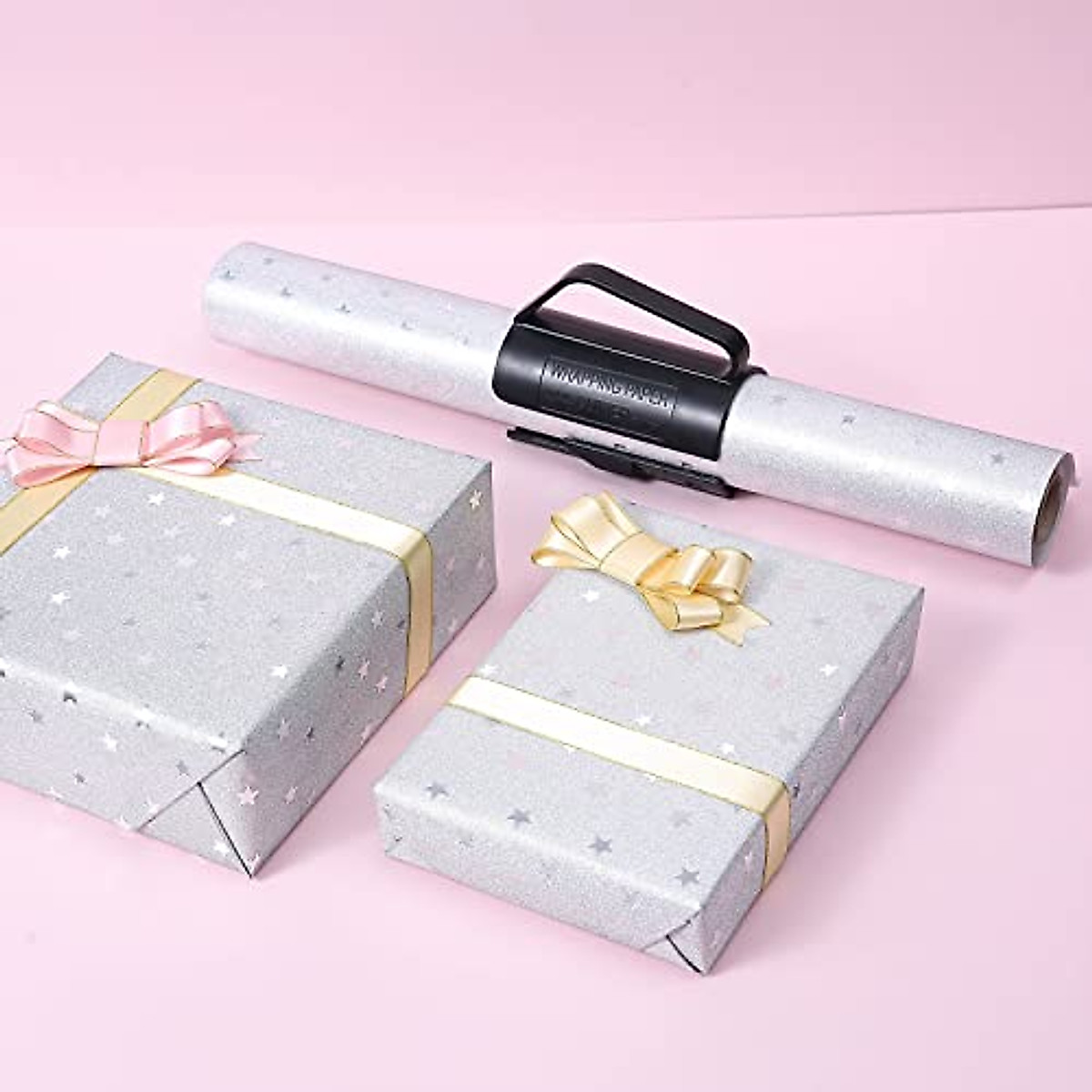 THMORT Glitter Wrapping Paper Roll with a Cutter Kit for Boys&Girls,Kids Babie Adults.17 Inch X 33 Feet Jumbo Rolls Glitter Princess Silver Stars Gift Birthday Wrapping Paper Roll for Baby Shower.