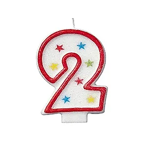 Unique Glitter Star Number 2 Birthday Candle, 3.5", White