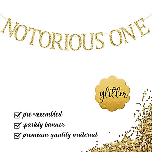 Notorious One Banner, First Birthday Party Decorations Supplies, Hip Hop Theme One Year Old Bday Bunting Sign, Pre-strung, Gold Glitter