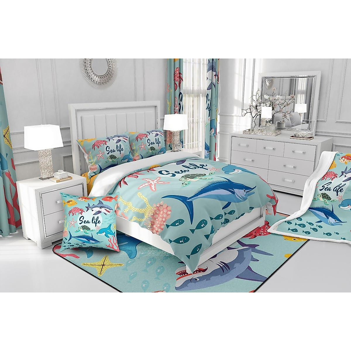 Sea Turtle Comforter Cover Set Twin Size Ocean Fish Marine Life Duvet Cover Under Sea Life Bedding Set for Kids Child,Underwater World Coastal Creature Quilt Cover,Nautical Sea Animal Bedroom Decor
