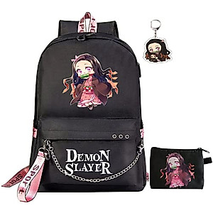 XIXISA 17 INCH Nezuko Backpack & Purse, Anime Nezuko Laptop Backpack with USB Charging Port, Nezuko Bag for School (Black)