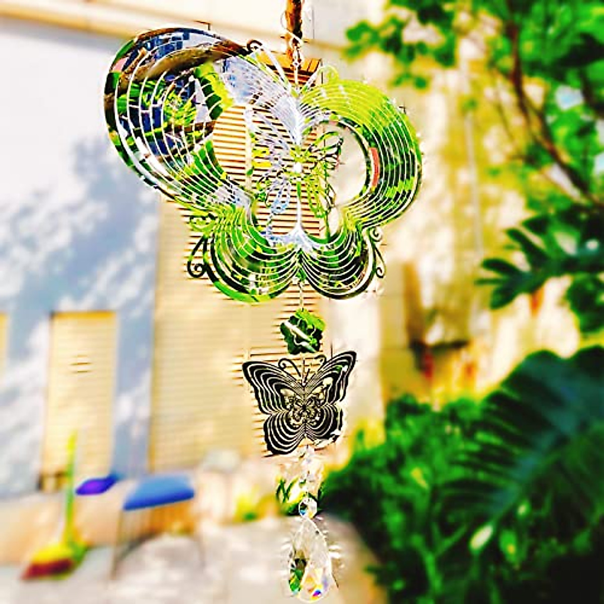 JJWANTA Large Size Hanging Wind Spinner Outdoor Decor for 3D Garden Wind Chimes Metal Yard Spinners 3D Stainless Steel Spinner Gifts Butterfly 3D Spinner with Extra Heavy Crystal 360°Rotating Hook