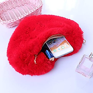 PartyKindom Heart Bag Tote Bags with Chain- Handbags for Women, Plush Peach Heart Crossbody Bag Wallet Large Purses Shoulder Bag Bucket Cross- body Purse (Red) Heart Shaped Purse