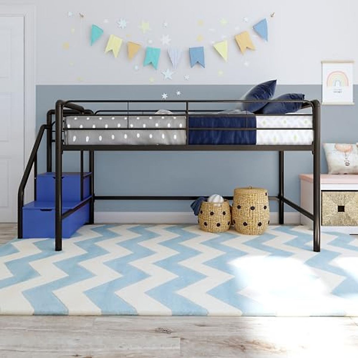 DHP Junior Twin Metal Loft Bed with Storage Steps, Multifunctional Space-Saving Solution - Black with Blue Steps