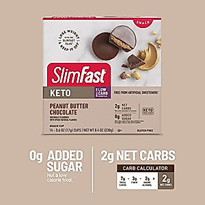 SlimFast Low Carb Chocolate Snacks, Keto Friendly for Weight Loss with 0g Added Sugar & 3g Fiber, Peanut Butter Chocolate, 14 Count Box (Packaging May Vary)