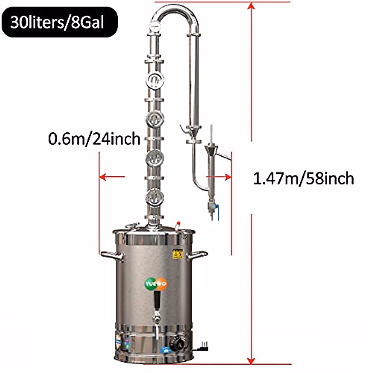 YUEWO 110V Electric 304 Stainless Steel Alcohol Distiller Flute Reflux Column Still with Sight Glasses Wine Making Kit for DIY Whisky Wine Brandy Gin (Produce 92% ABV)