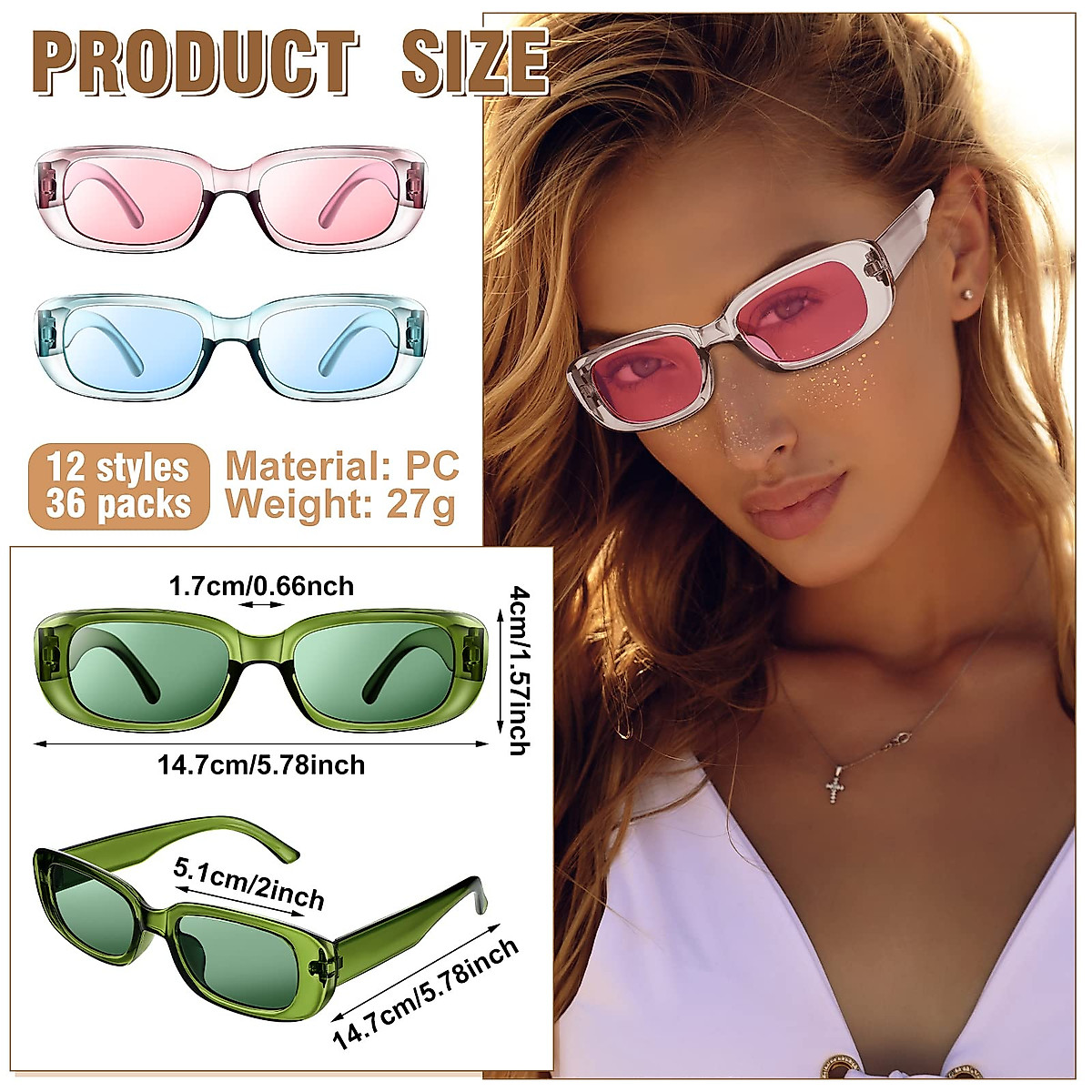 36 Pcs Womens Rectangle Sunglasses Retro Trendy Glasses Vintage Sunglasses Driving Sunglass 90s Eyewear for Girl Men (Multi Colors)