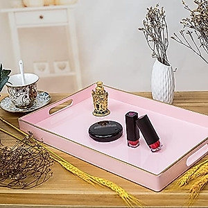 MAONAME Pink Serving Tray with Handles, Modern Decorative Tray for Coffee Table, Plastic Rectangular Tray for Ottoman, Bathroom, Decor, 15.75” x 10.2” x1.57