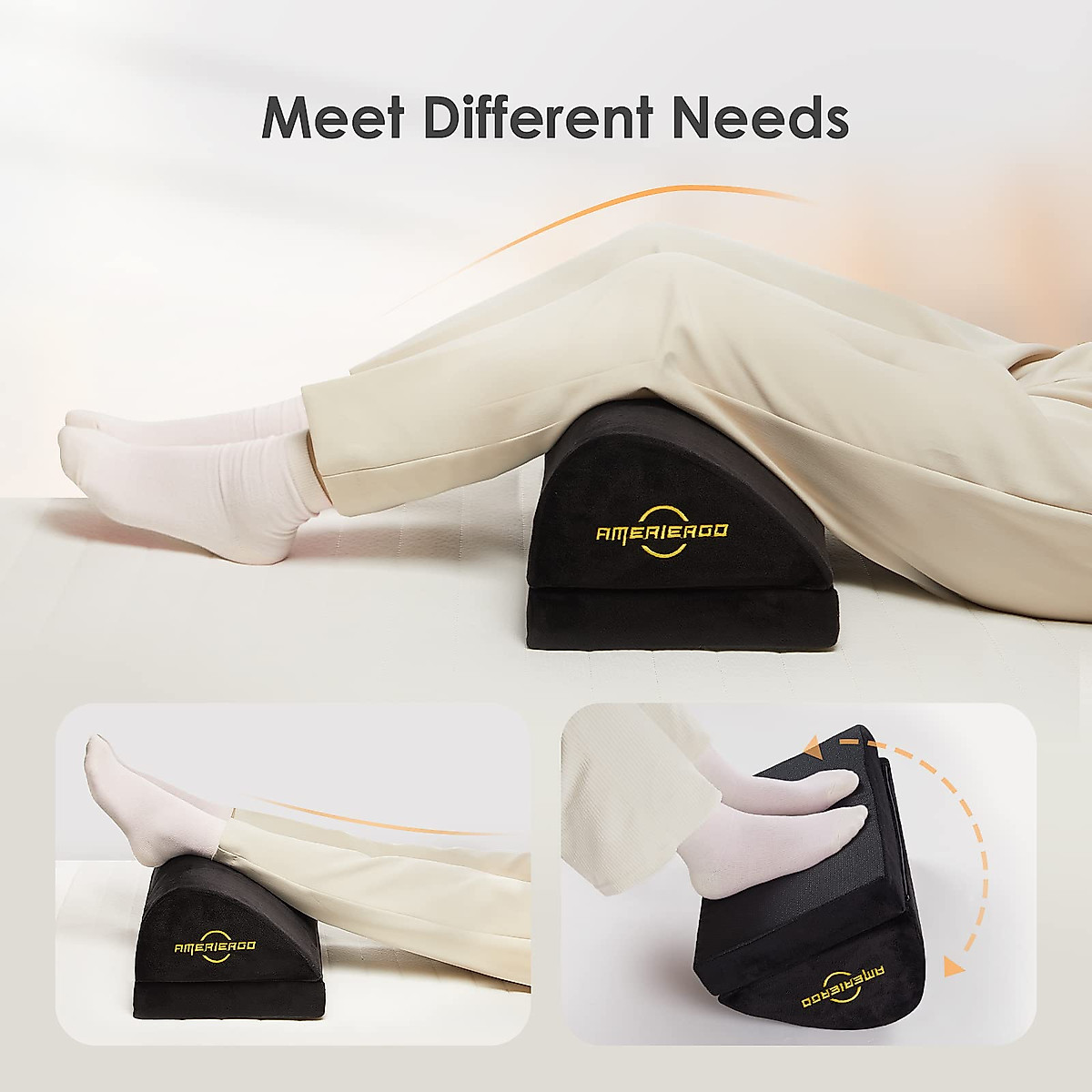 AMERIERGO Foot Rest for Under Desk at Work, Ergonomic Memory Foam Foot Stool Pillow for Home Office, Gaming, Computer - Desk Foot Rest with 2 Adjustable Heights and Breathable Washable Cover (Black)