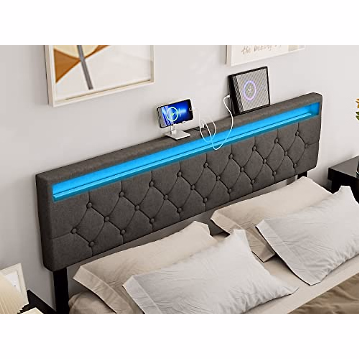 IKIFLY Upholstered California King Size LED Headboard with LED Lights & 2 USB Ports - Adjustable Height - Button Tufted Linen Fabric Padded Headboard Only, Easy Assembly - Dark Grey/Cal King