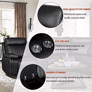 Merax, Black Home Theater Seating Manual Cup Holder, Hide-Away Storage PU Reclining Sofa Couch for Living Room