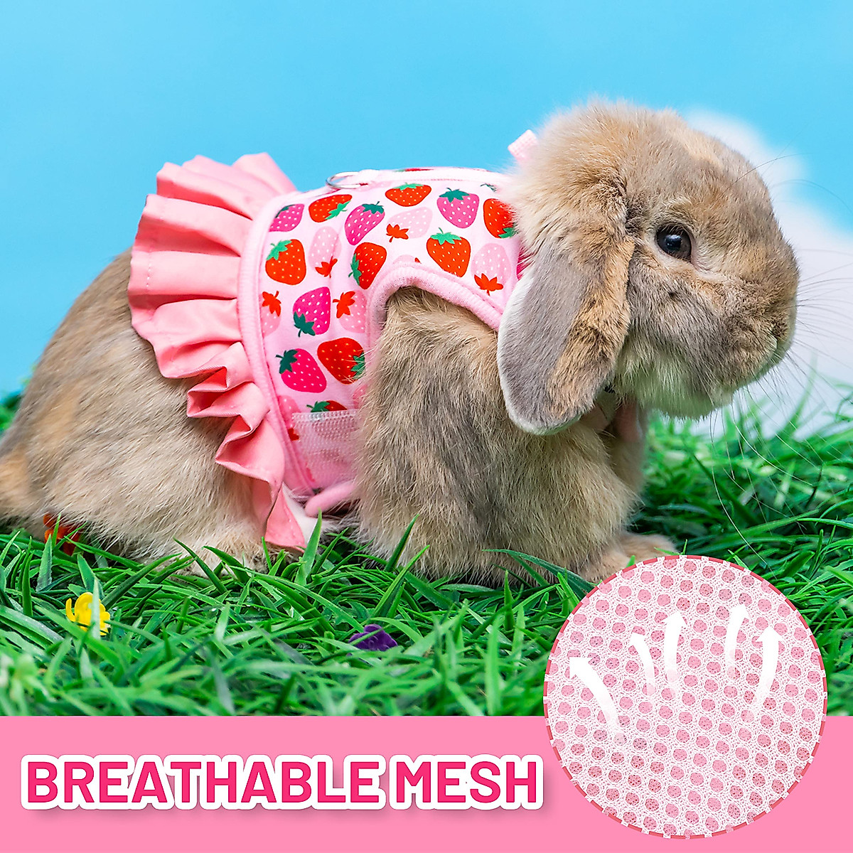 Rabbit Harness and Leash for Walking Escape Proof - Cute Strawberry Pattern Pink Mesh Breathable Bunny Vest Harness Outdoor Camping Hiking Training - Also Suit for Ferret Kitten Puppy Small Animals