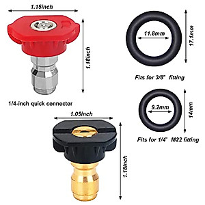 CKANDAY 5 Pack Pressure Washer Spray Nozzles Tips + 40 Pcs O-Rings Replacement for 1/4 inch and 3/8 inch, 5 Degrees Nozzles 1/4 Inch Quick Connection Tips with M22 Quick Connect Coupler Set, 4000 PSI