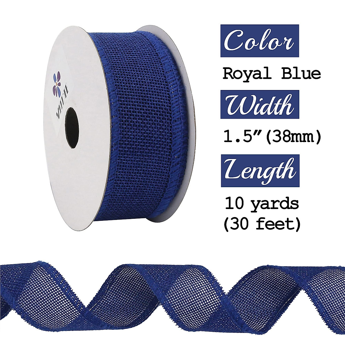 MEEDEE Royal Blue Burlap Ribbon 1.5 Inch Wired Edge Roll for Christmas Wreath, Welcome Wreath, Gift Wrapping, Garland, Bows Making, Swag, Home Decor (10 Yards)