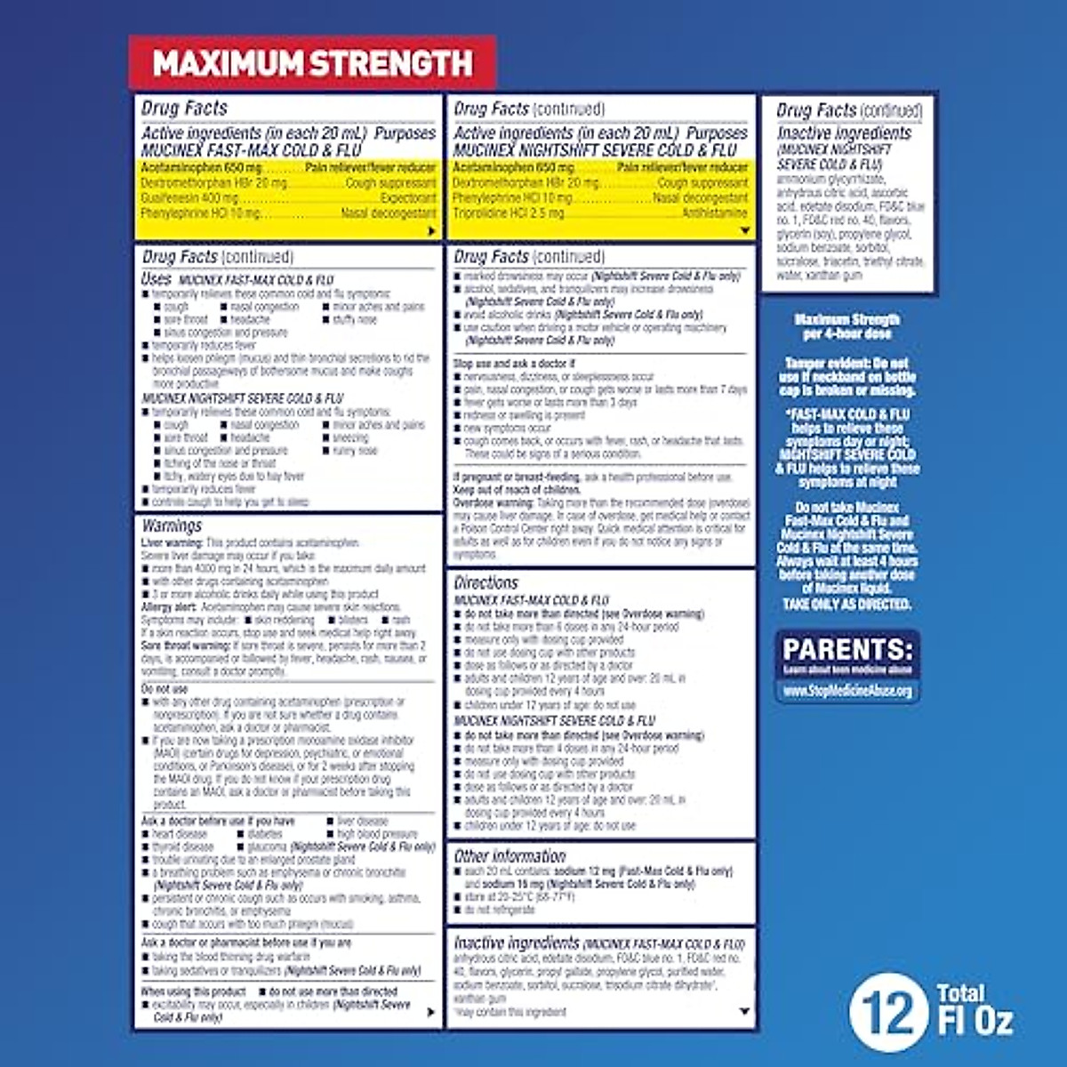 Mucinex Fast-Max Cold and Flu & Nightshift Severe Cold and Flu Medicine for Adults, Over-the-Counter Medication Combo Pack for Sore Throat Relief, Decongestant, Cough & Cold Medicines, 2 x 6 Fl Oz