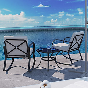 Flamaker Patio Chairs 3 Piece Outdoor Rocking Chairs Upgraded Metal Bistro Set with Thickened Cushions & Coffee Table Modern Patio Furniture for Porch, Balcony and Lawn (Beige)