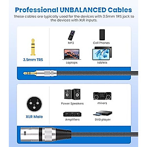 tisino 3.5mm to XLR Cable Unbalanced Mini Jack 1/8 inch to XLR Male Adapter Microphone Cord - 10ft/3m