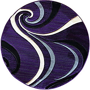 Contempo Modern Round Area Rug Swirl Purple Grey & Black Design 344 (7 feet 3 inches X7 feet 3 inches Round)