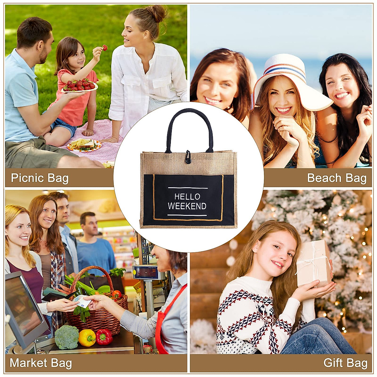 10 Pack Burlap Tote Bags with Handles Jute Tote Bag Large Weekend Burlap Beach Bag Gift Bags Waterproof Jute Bag for Travel(Black)