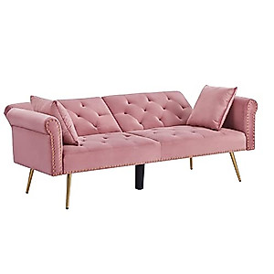 FANYE 3-in-1 Tufted Upholstered Daybed Futon Sofabed Loveseat W/Reclining Split Backrest and Metal Legs,2-Seaters Sofa Soft Cushions Love Seat Convertible Sleeper Couch Bed for Living Room, Twin, Pink