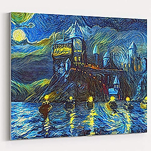 Westlake Art Starry Night Castle Night Boats Canvas Wall Art Print Van Gogh Magical Merchandise Modern Abstract Artwork for Home Room Decor - 16x24 inch Unframed