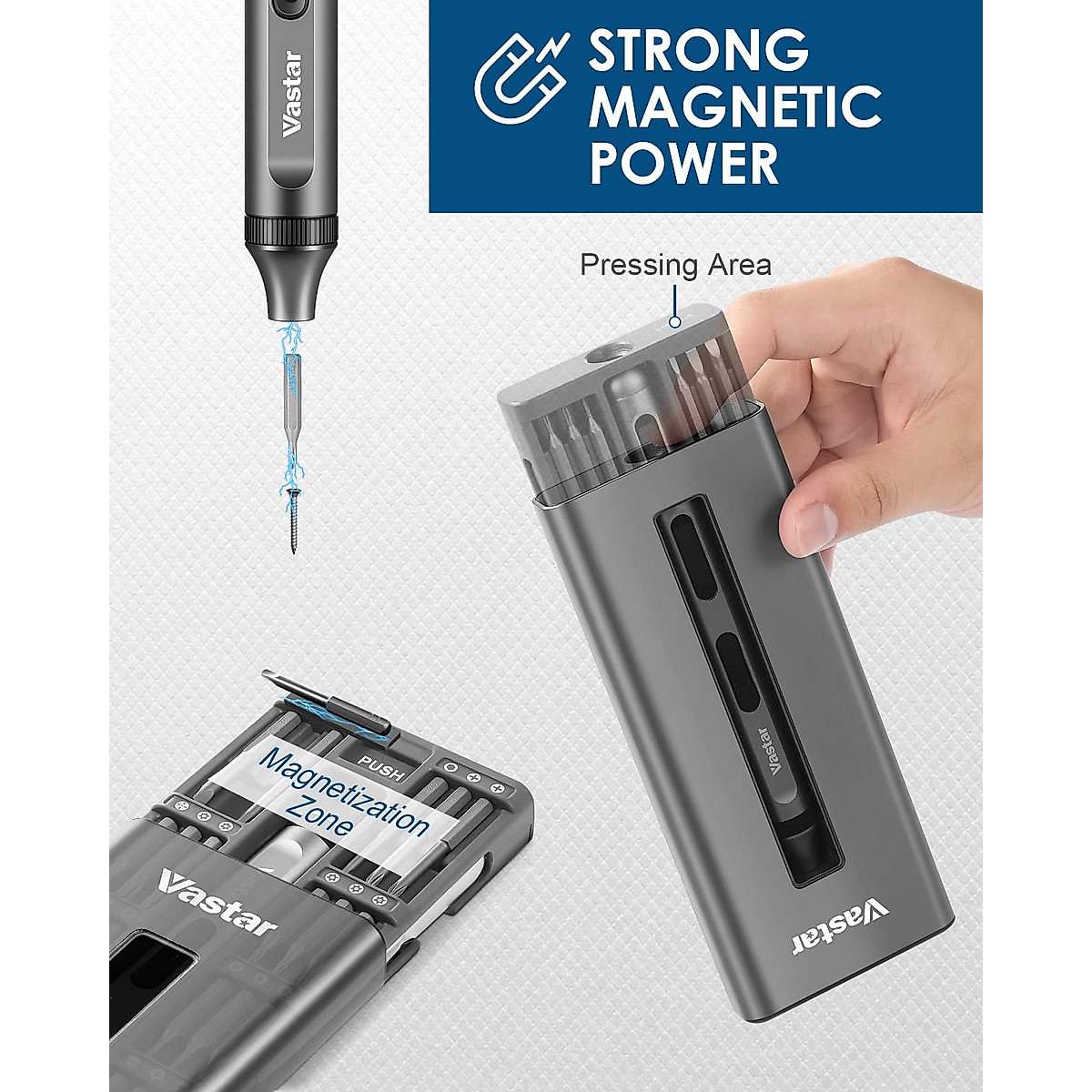 Vastar Mini Electric Screwdriver, 52 in 1 Precision Screwdriver Set with 48 Magnetic Bits, Rechargeable Power Torque Repair Tool Kit with Led Lights for ipad Phones Laptops PC Computer MacBook Camera