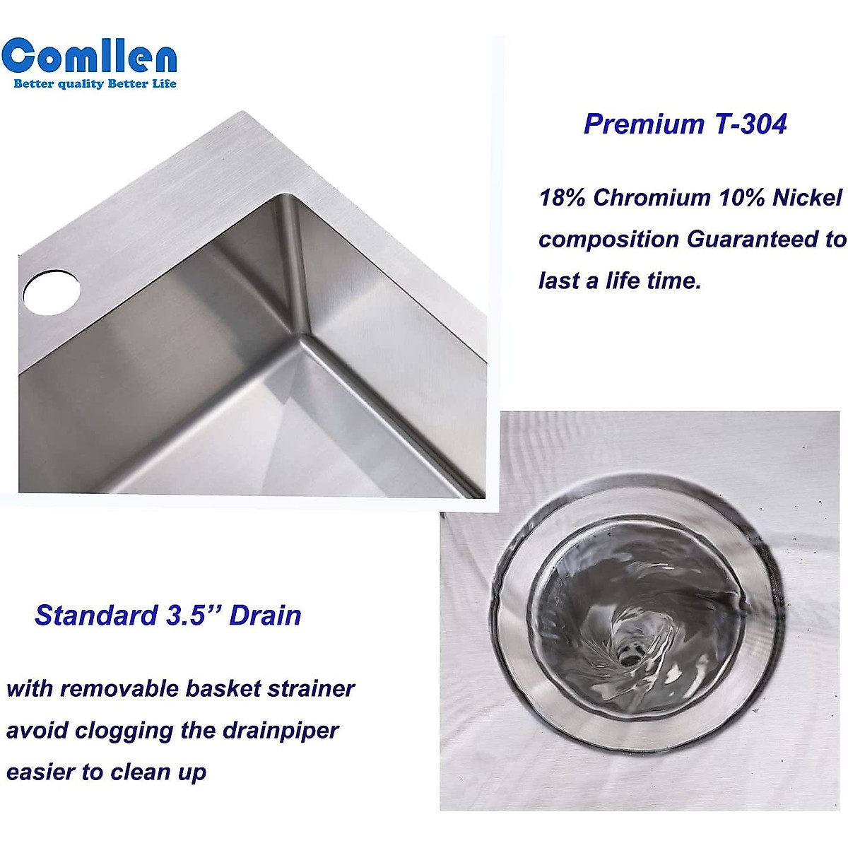 Comllen 15 x 15 inch Top-mount Stainless Steel Drop in Bar Sink, Single Basin Small Kitchen Sink for Outdoor Wet Bar Prep RV Yard Office Laundry Utility with Drain