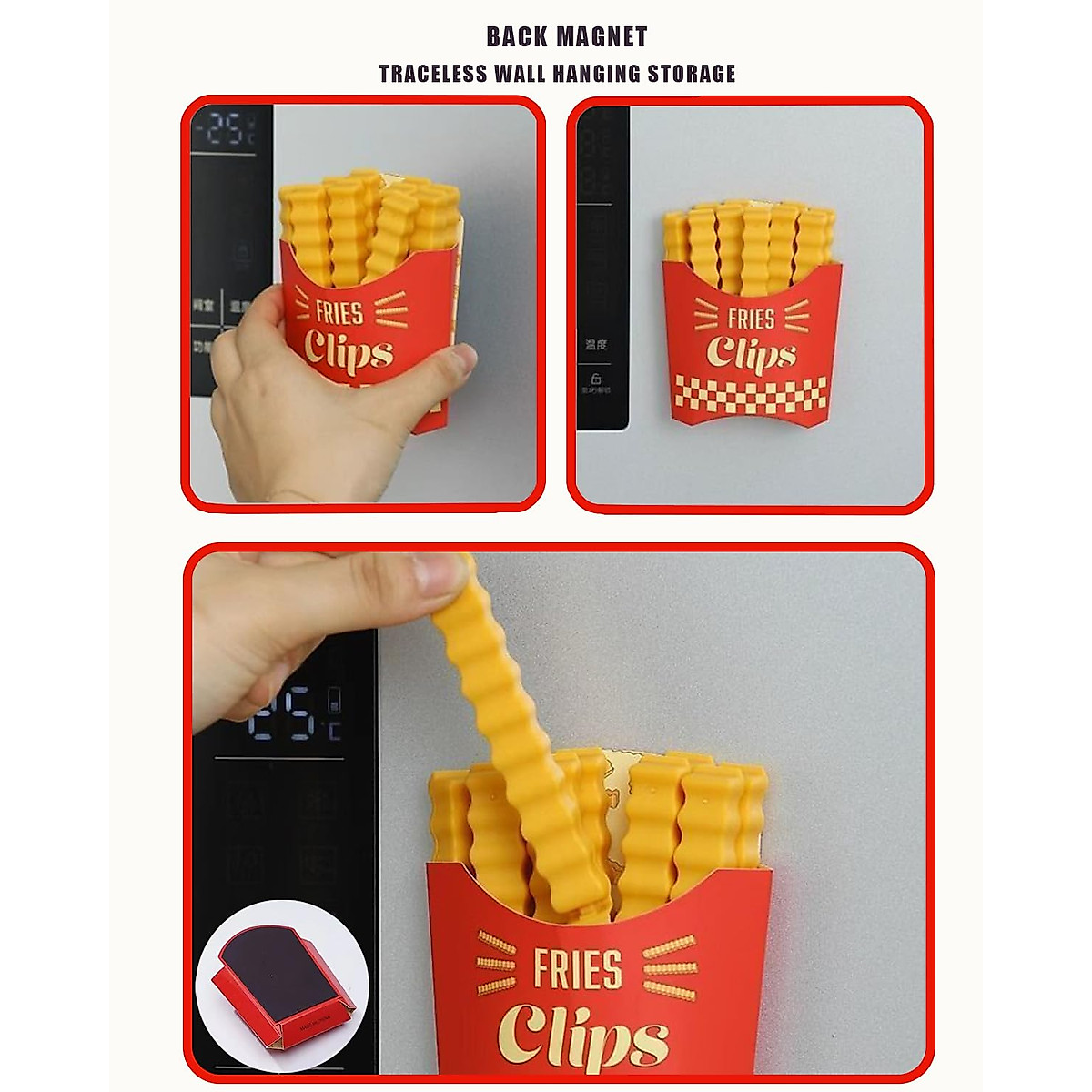 Magnetic Fries Chip Clips Set,12 Pack Durable Plastic Food Clip & Cute Refrigerator Magnets Curved Sealing Design French Fries Bag Clips for Food Fresh Storage, Kitchen Accessories & Home Decor