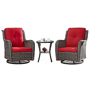 Joyside Outdoor 360 Degree Swivel Rocker Patio Chairs Sets of 2 and Matching Side Table - 3 Piece Wicker Patio Bistro Set Patio Swivel Rocker Chairs with Olefin Fabric Cushion(Brown/Red)