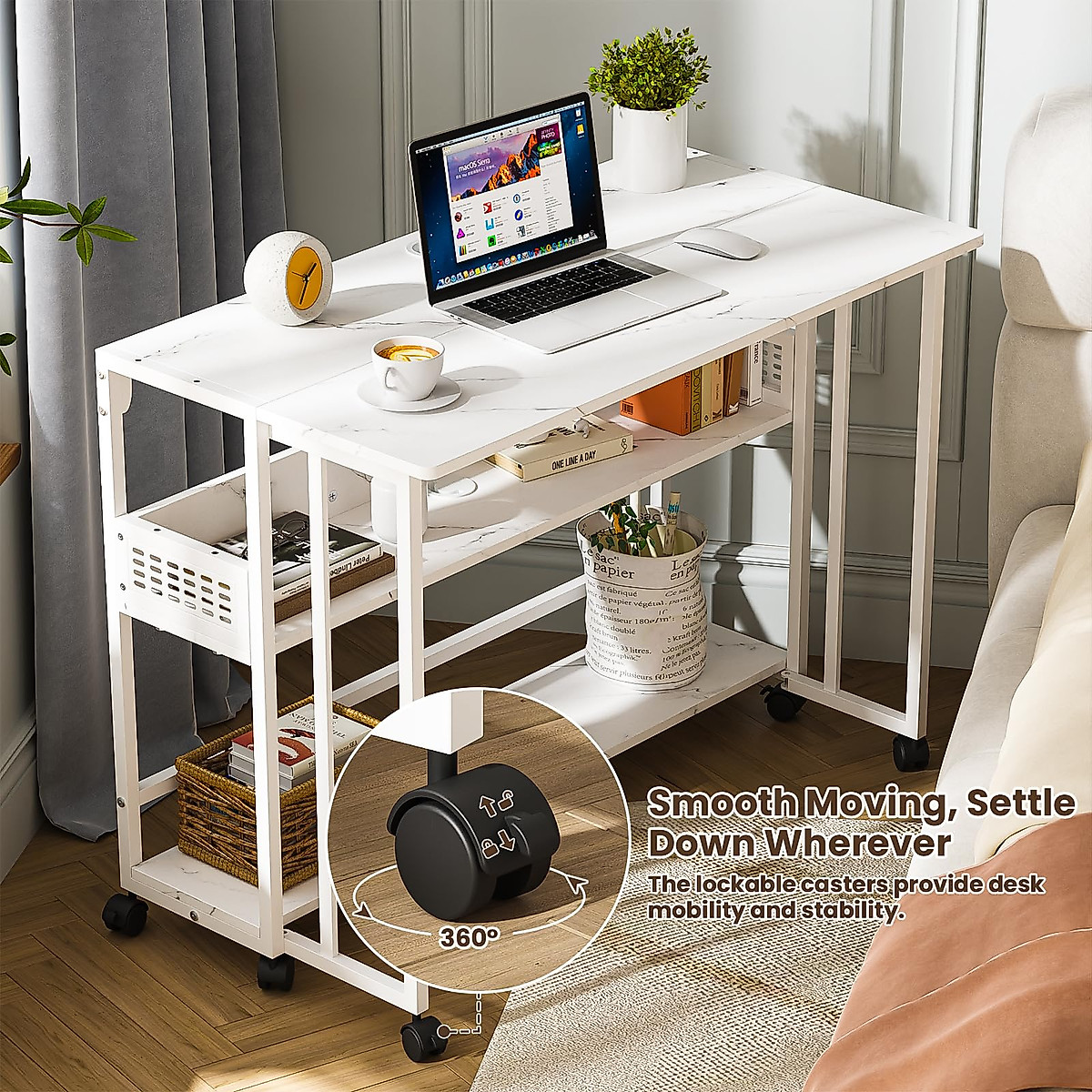 Gezen Folding Desk with Double Storage Shelves, Small Rolling Desk with Wheels for Living Room Bedroom, Mobile Computer Desk Portable Laptop PC Desk Writing Table for Small Space, 31.5", White Marble