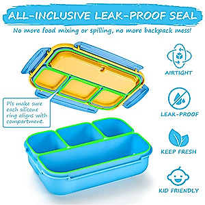 QQKO Bento Lunch Box for Kids Girls Boys, Toddler Kids Lunch Boxes for School, Lunch Containers for Adults Kids with 4 Compartments, Sauce Container, Utensils, Food Picks and Muffin Cups, Blue