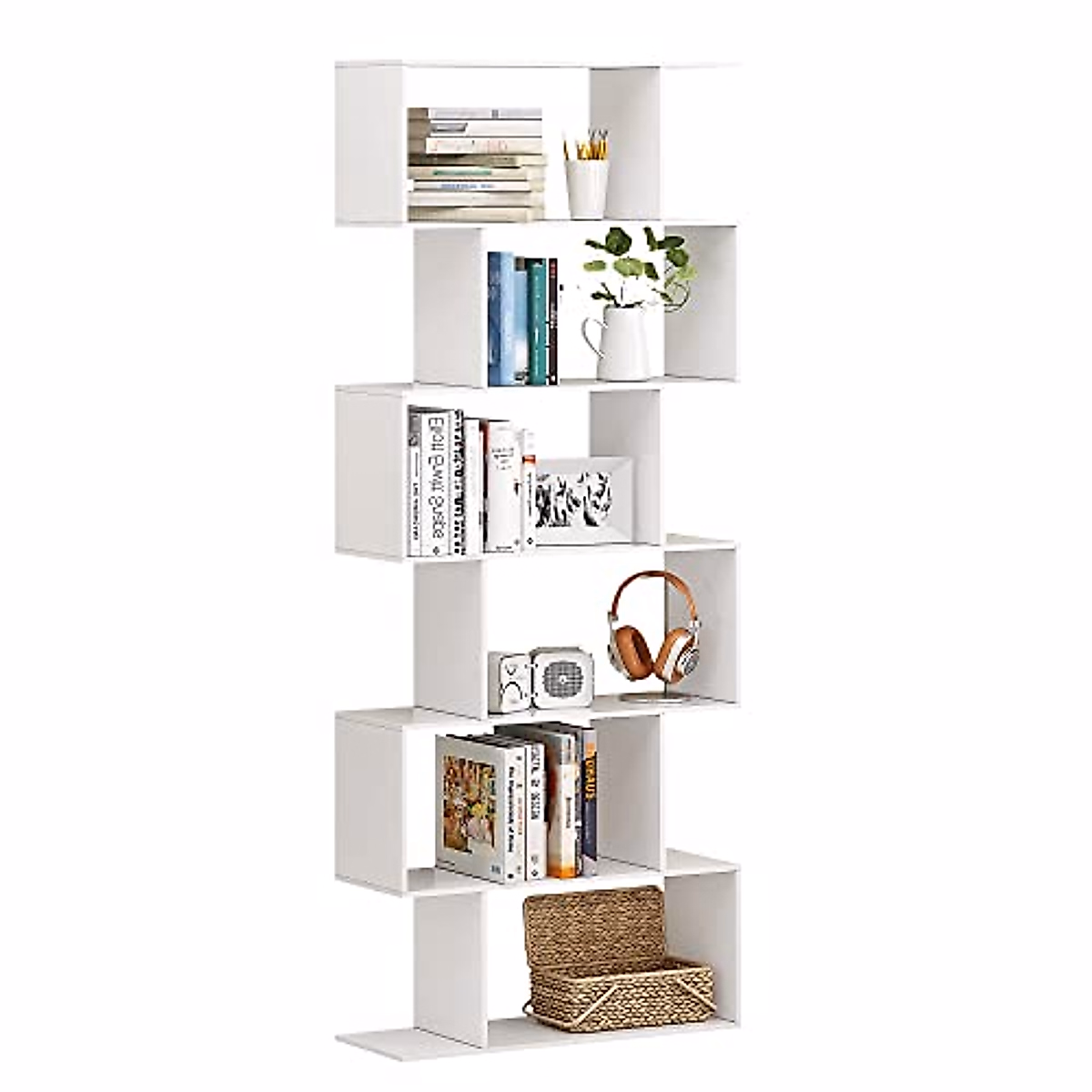 Function Home Geometric Bookcase, S Shaped Bookshelf, Modern Freestanding Decorative Display Shelves, White Book Shelf for Bedroom Living Room Office