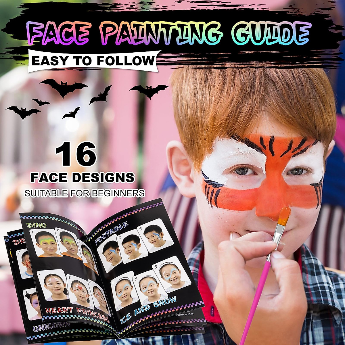 Fenmay Face Painting Kit for Kids, 24 Colors Washable Face Paint, Safe for Sensitive Skin, Non-Toxic Professional Face Painting Kit, Halloween Birthdays Makeup Set with Stencils, Guide Book