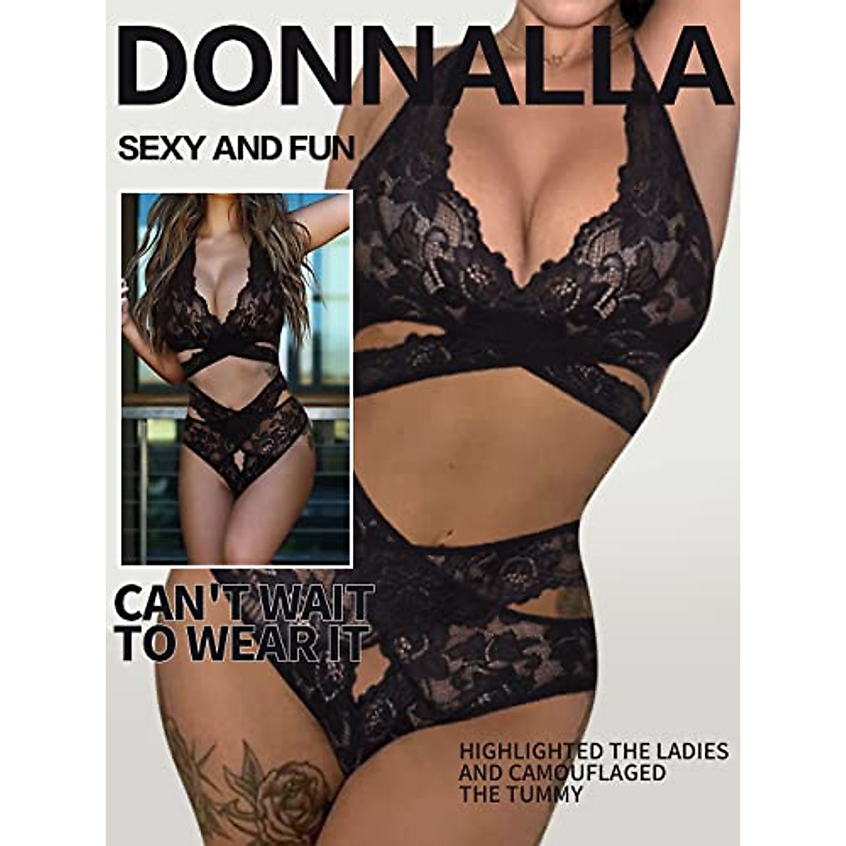 Donnalla Women Sexy Lingerie Set Two Piece Lace Bra and Panty Set Babydoll Sleepwear, Black, Medium
