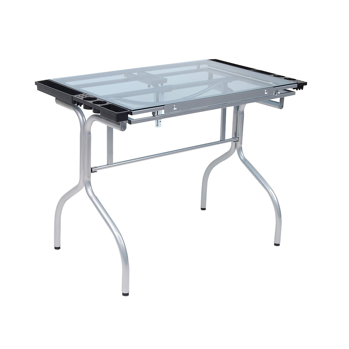 Studio Designs Folding Modern Glass Top Adjustable Drafting Table Craft Table Drawing Desk Hobby Table Writing Desk Studio Desk, 35.25" W x 23.75" D, Silver / Blue Glass