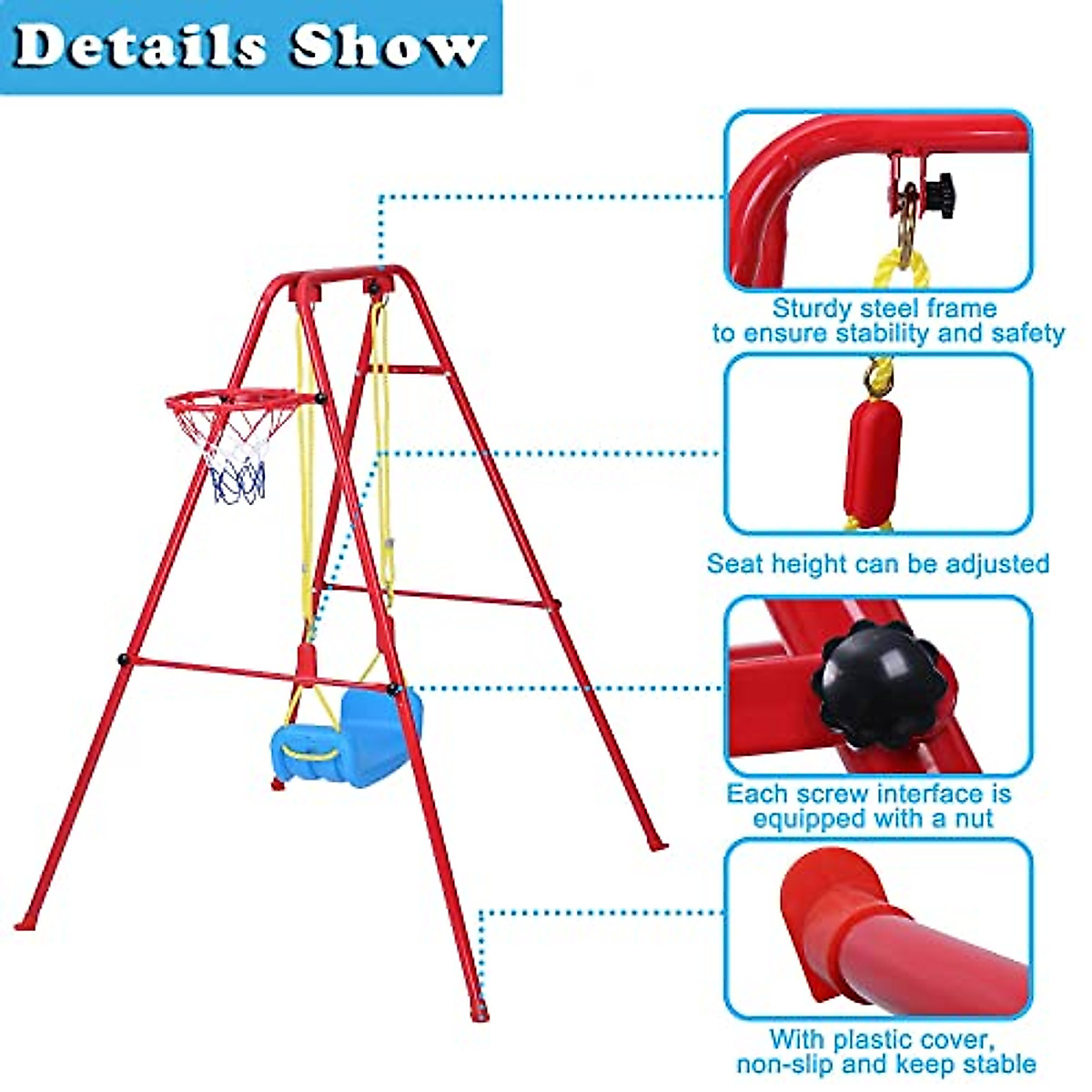 COLOR TREE Kids Swing Sets for Backyard - 2 in 1 Metal Swing Set + Basketball Hoop - Toddlers Swing Seat Playset for Outside and Inside - Boys Girls