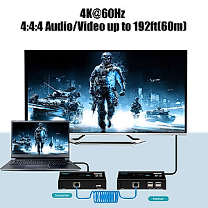 Basicolor HDMI KVM USB Extender, 4K@60Hz Ethernet Extender Over Cat5 Cat6 Up to 196Ft(60m), Video Transmit Lossless and Near Zero Latency, Plug&Play HDMI to Rj45, 4xUSB2.0