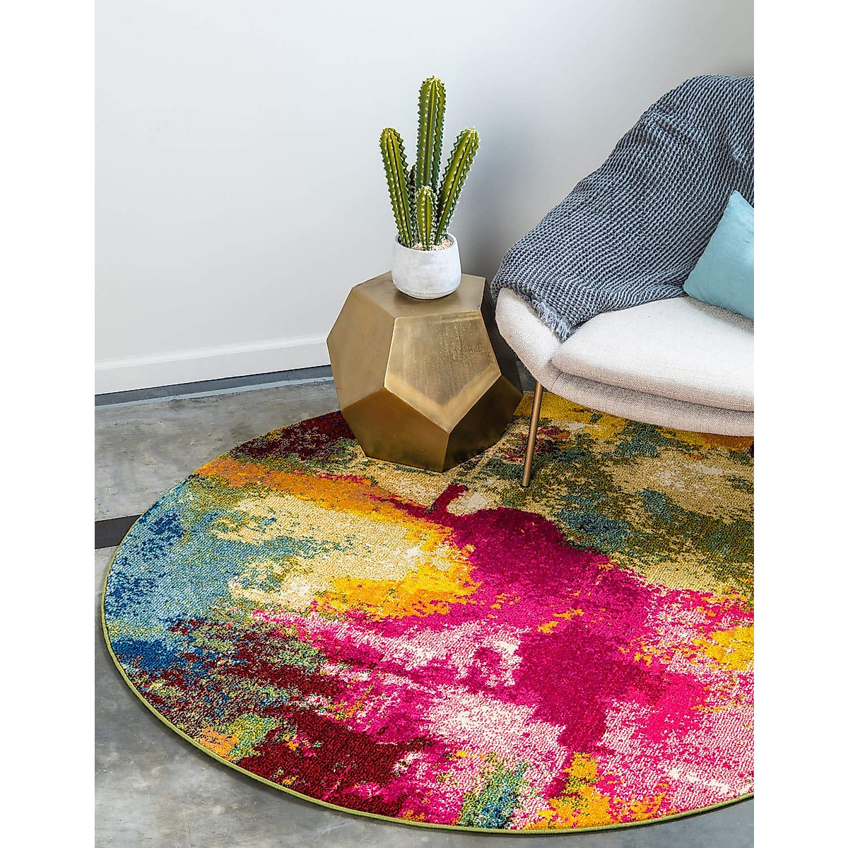 Unique Loom Estrella Collection Colorful, Abstract, Watercolor, Modern, Eclectic Area Rug, 6 ft x 6 ft, Multi/Beige