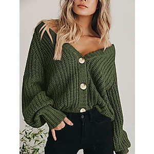 PRETTYGARDEN Women's Long Sleeve Plain Button Down Sweater Classic V-Neck Knit Cardigan Open Loose Outwear Coats (Army Green,Small)