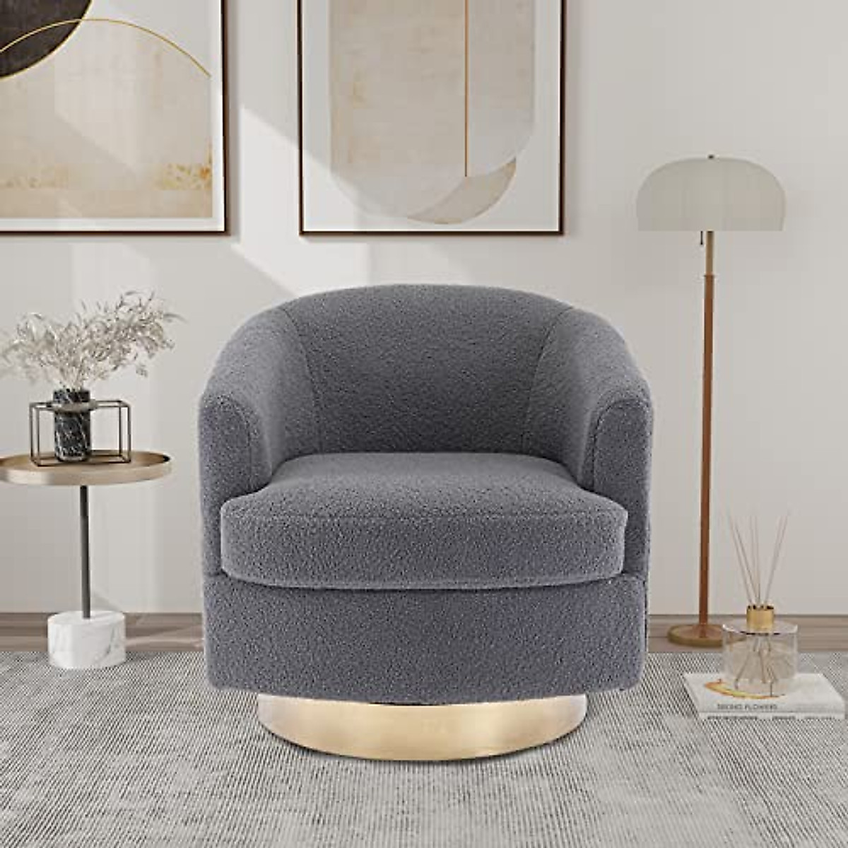 HomSof 30.7''W Boucle Swivel Accent Barrel Modern Comfy Sofa with Gold Stainless Steel Base 360 Degree Club Arm Chair for Nursery Bedroom Living Room Lounge Hotel, Gray