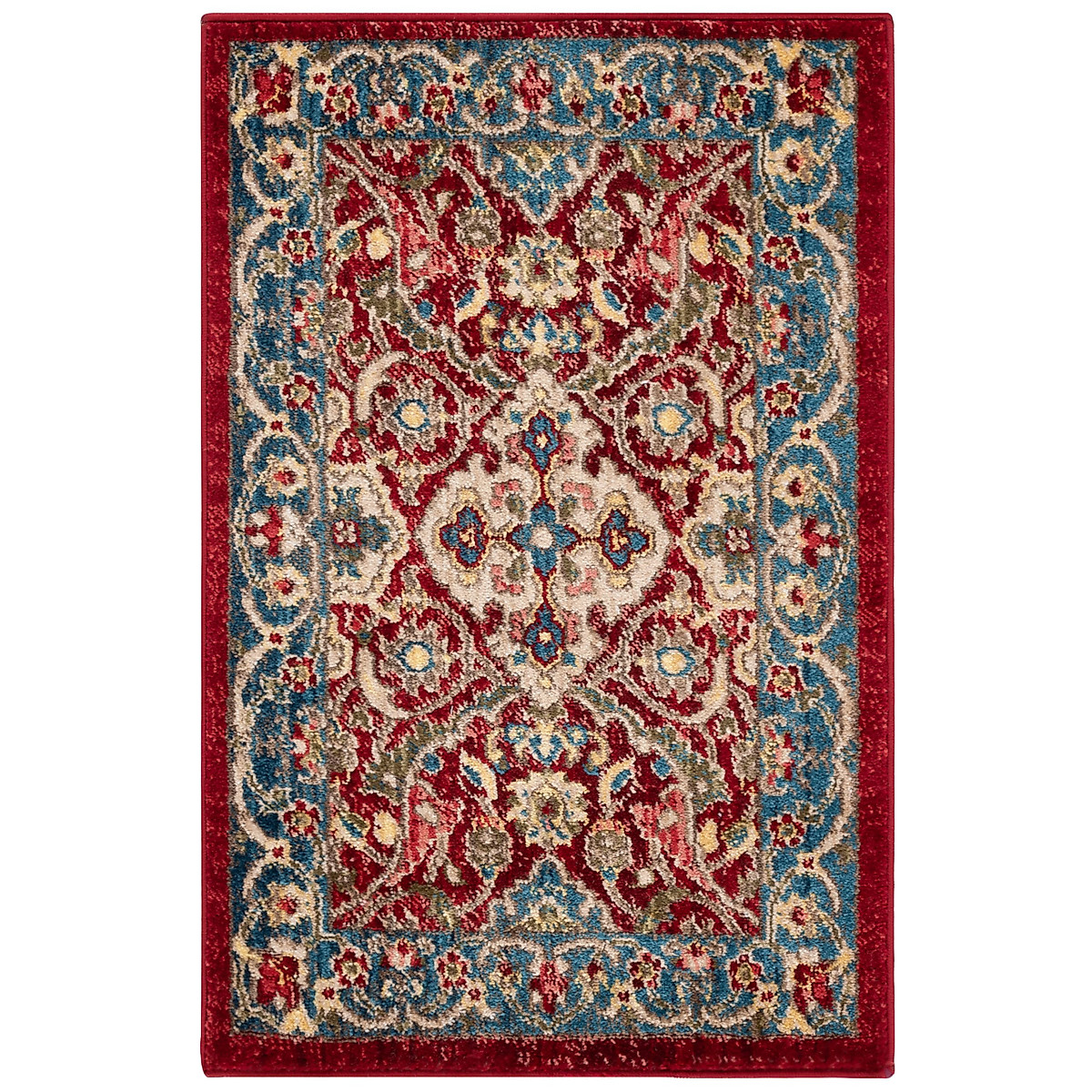 SAFAVIEH Kashan Collection Area Rug - 2' x 3', Red & Blue, Traditional Oriental Design, Non-Shedding & Easy Care, Ideal for High Traffic Areas in Living Room, Bedroom, Dining (KSN307Q-2)