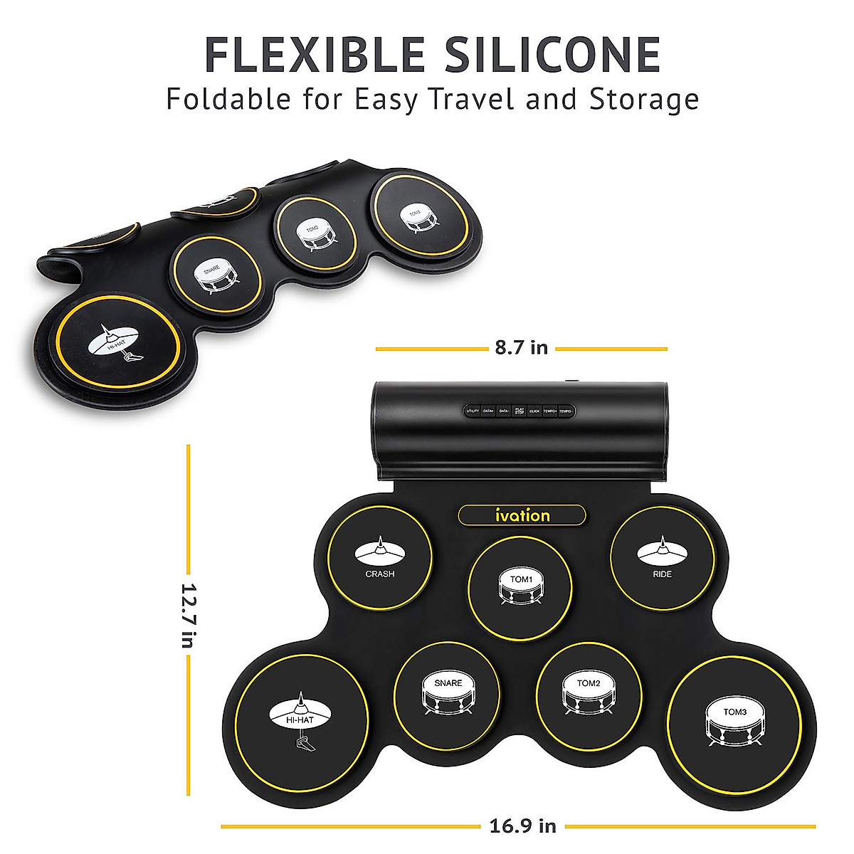 Ivation Portable Electronic Drum Pad - Digital Roll-Up Touch Sensitive Drum Practice Kit - 7 Labeled Pads 2 Foot Pedals Kids Children Beginners (with Speaker and Built in Rechargeable Battery)