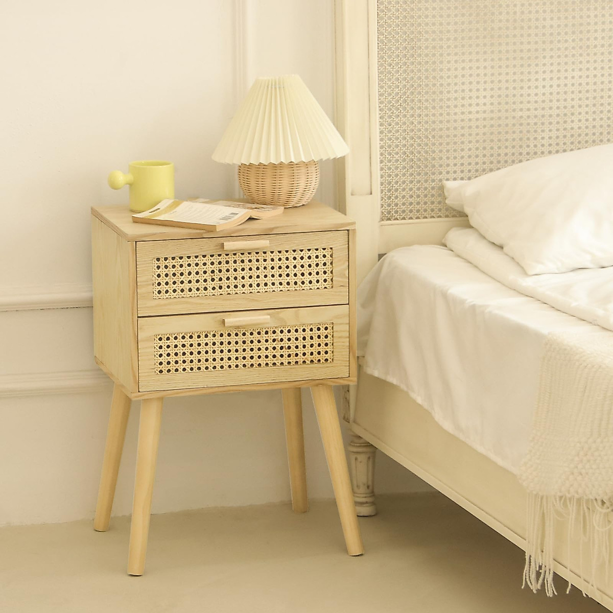 AWASEN Rattan NightStand Set 2, Nightstand Set of 2 with Drawers, Bedside Table with Storage and Solid Wood legs, Rattan Side Table End Table for Bedroom (Natural)