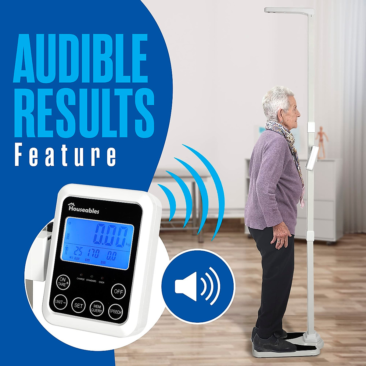 Houseables Medical Scale, Digital, Touchless Sonar Stadiometer, L18" x W14" x H86", White, 440 lbs. Doctor Physician Professional Scales, Weight Limit, Eye Level, Calculate BMI, Body Fat, Height Rod