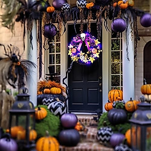 Halloween Skull Wreath,Halloween Wreaths with 20 LED Purple Lights, Skeleton Glitter Pumpkins Maple Leaf Terrifying Eyeball, Front Door Wreath for Indoor, Outdoor, Home, Party Decoration