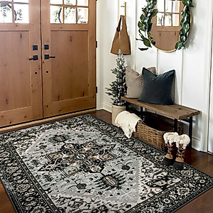 Lahome Boho Rugs for Living Room - 5x7 Area Rugs Machine Washable Throw Black Bedroom Rugs Ultra-Thin Non-Slip Large Dining Room Rug Oriental Indoor Floor Carpet for Kitchen Entraway Office Bathroom