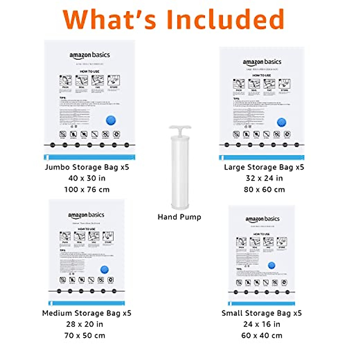 Amazon Basics Vacuum Compression Storage Bags with Hand Pump - 20 Pack (5 Small, 5 Medium, 5 Large & 5 Jumbo)