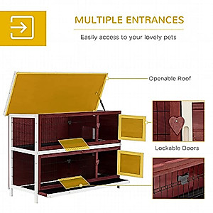 PawHut 54" 2-Story Rabbit Hutch Bunny Cage with Openable Roof, No Leak Tray and Fun Enclosed Run, Indoor/Outdoor
