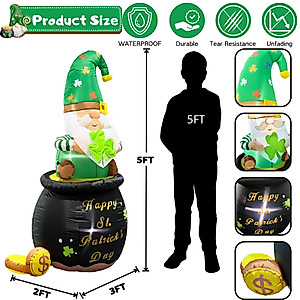 Buheco St Patricks Day Inflatables Outdoor Decorations 5ft Large Cute Blow Up Leprechaun Inflatable Gnome Sitting on Gold Pot Shamrocks Led Lights Saint Irish Outside Yard Lawn Indoor Vacation Décor
